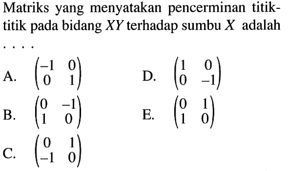 Matriks yang menyatakan pencerminan titik-titik pada bida...