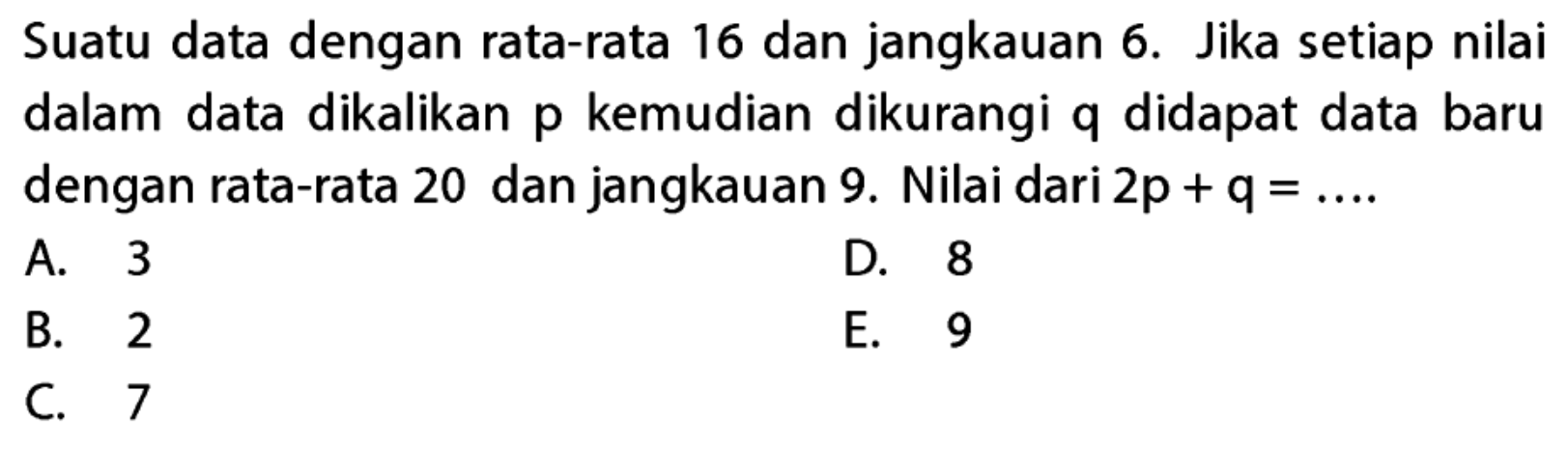 Suatu data dengan rata-rata 16 dan jangkauan 6. Jika seti...