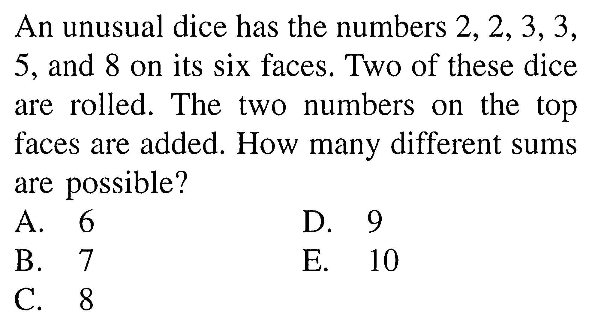 An Unusual Dice Has The Numbers 2 2 3 3 5 And 8 On Its S 