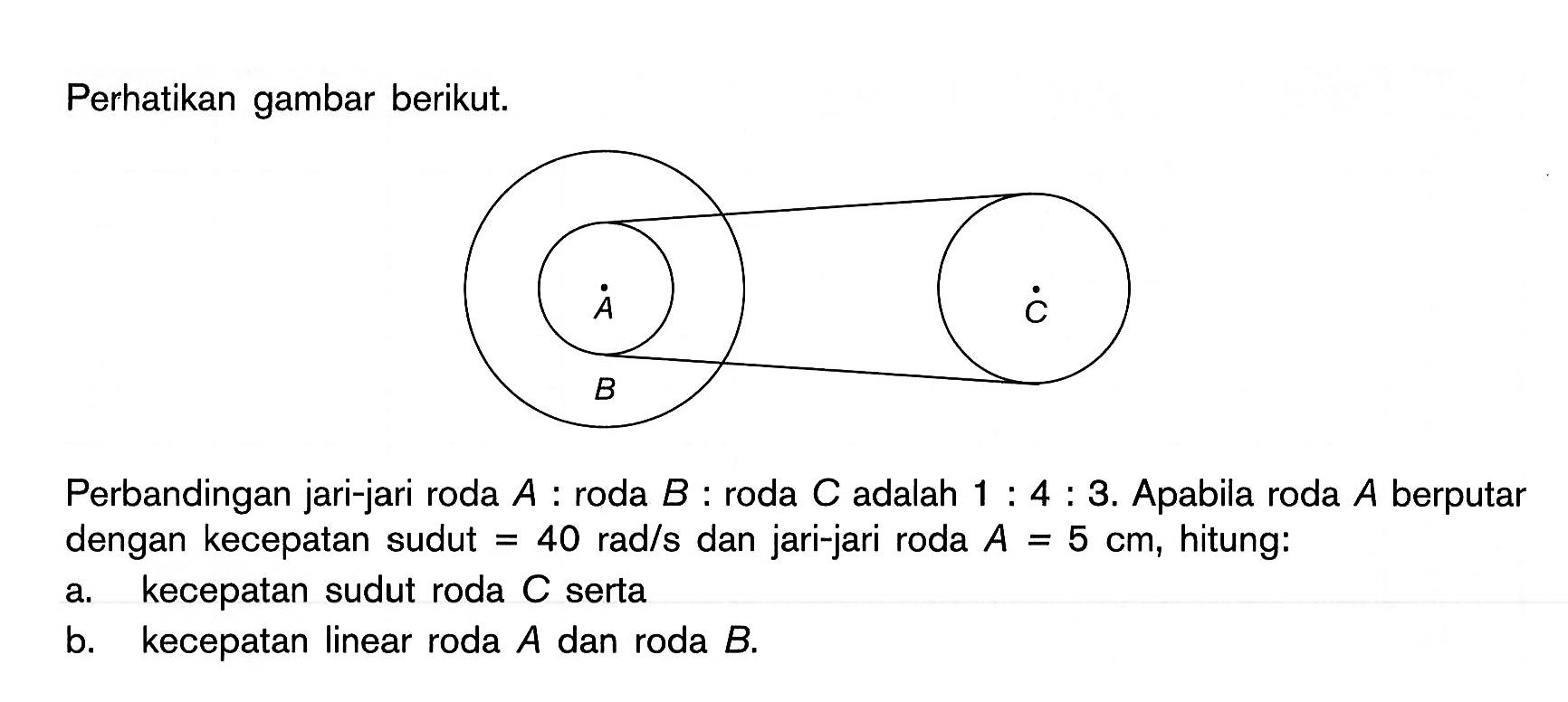Perhatikan gambar berikut.Perbandingan jari-jari roda A:r...