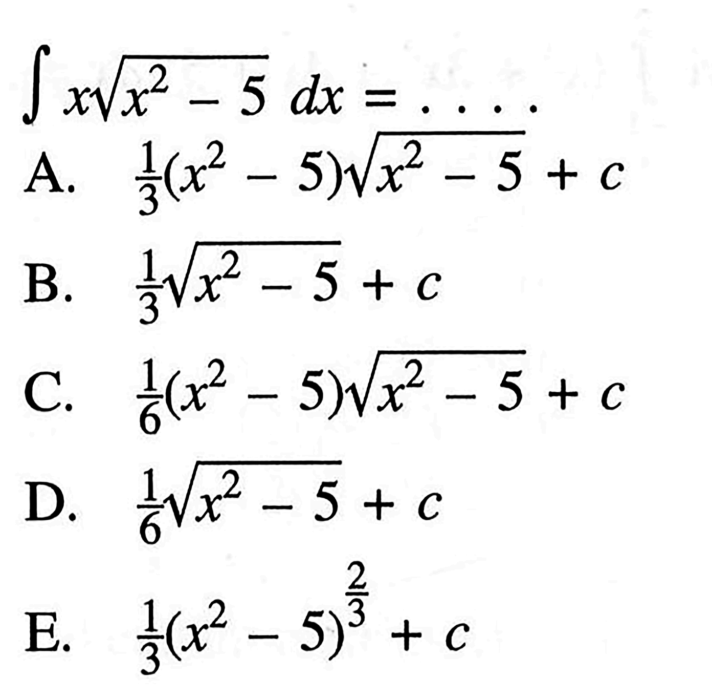 integral x akar(x^2-5) dx=...