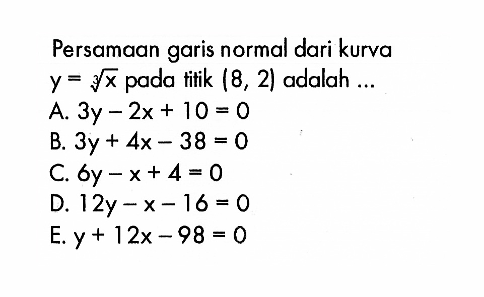 Persamaan garis normal dari kurva y=(x)^(1/3) pada titik ...