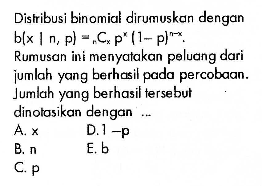 Distribusi Binomial Dirumuskan Dengan B x n P n C X P x Distribusi Binomial Dirumuskan Dengan B x n P n C X P x