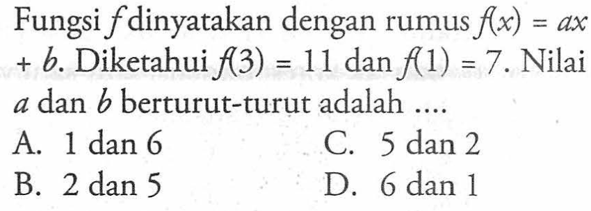 Fungsi f dinyatakan dengan rumus f(x) = ax + b. Diketahui...