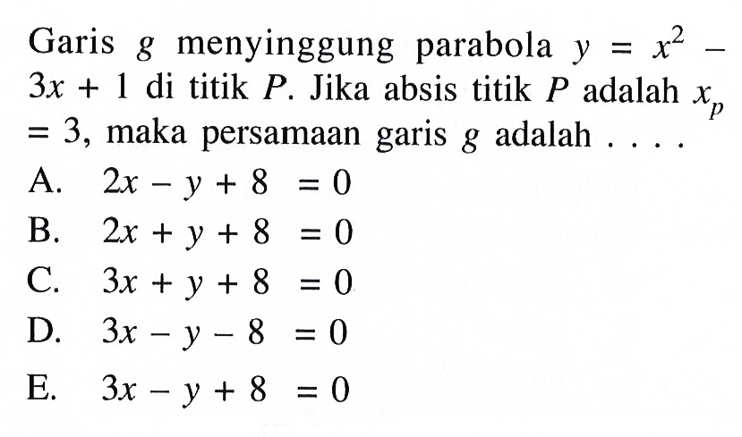 Garis g menyinggung parabola y=x^2-3x+1 di titik P. Jika...