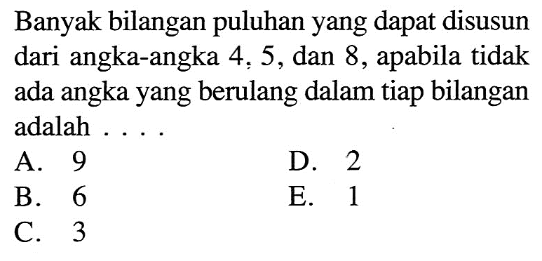 Banyak bilangan puluhan yang dapat disusun dari angka-ang...