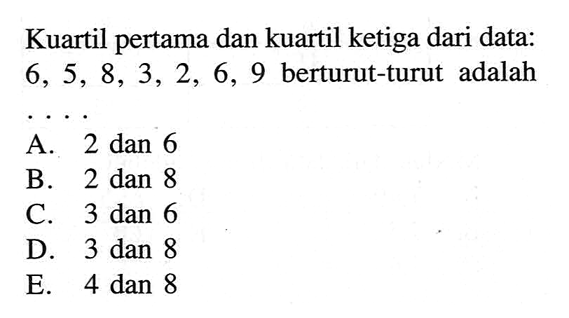 Kuartil pertama dan kuartil ketiga dari data: 6, 5, 8, 3,...