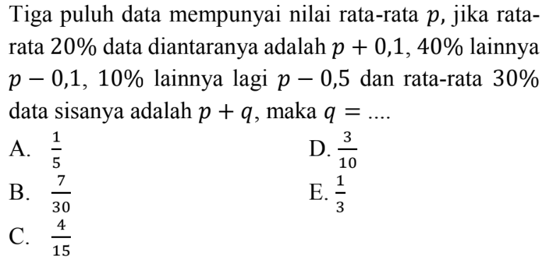 Tiga puluh data mempunyai nilai rata-rata p, jika rata- r...