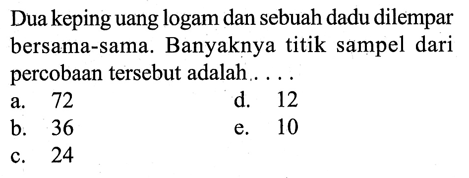 Dua keping uang logam dan sebuah dadu dilempar bersama-sa...