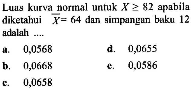 Luas kurva normal untuk X>=82 apabila diketahui X=64 dan ...