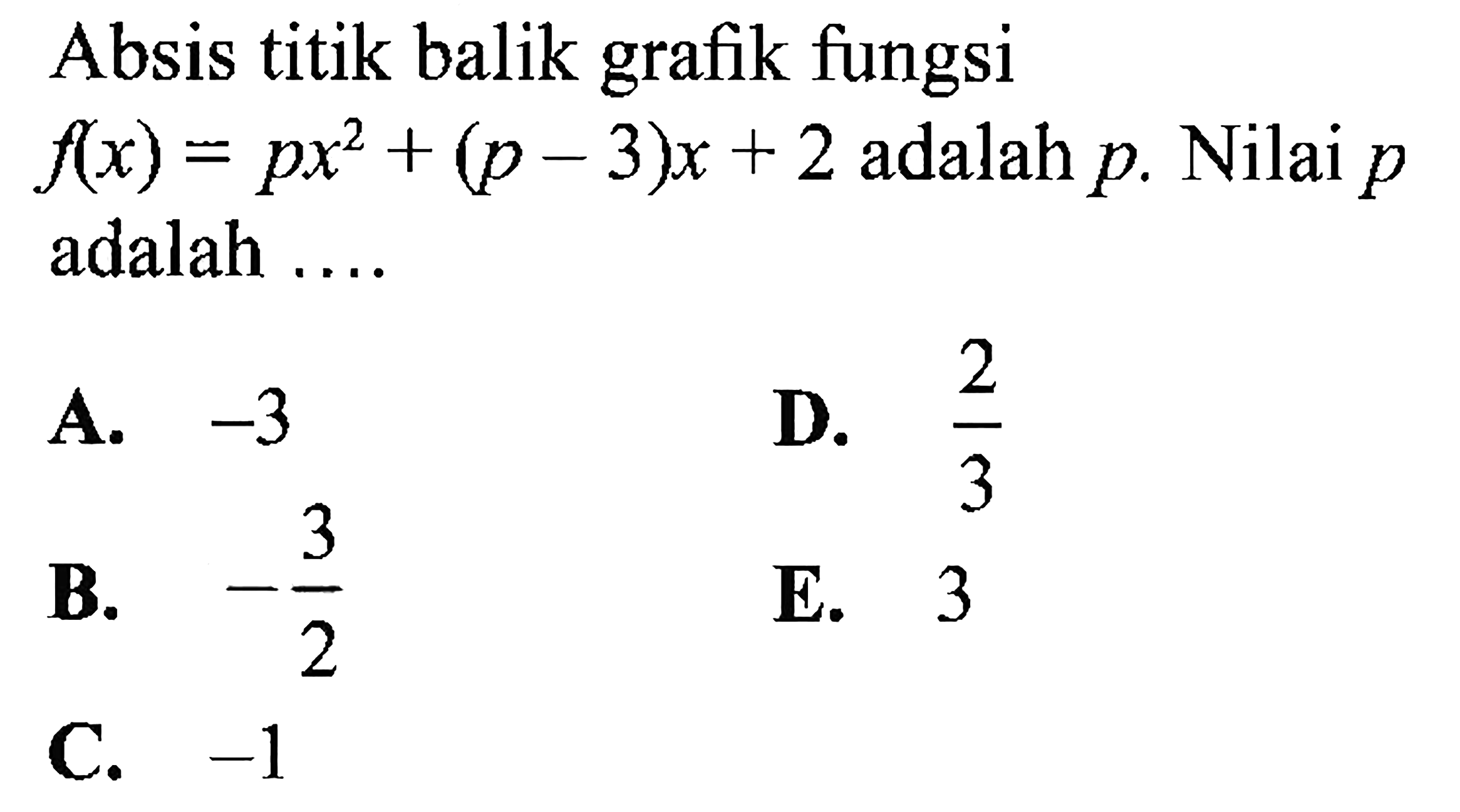 Absis titik balik grafik fungsi f(x)=px^2+(p-3)x+2 adalah...