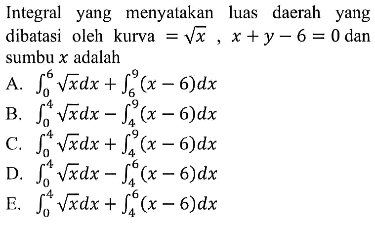 Integral yang menyatakan luas daerah yang dibatasi oleh k...