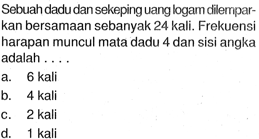 Sebuah dadu dan sekeping uang logam dilemparkan bersamaan...