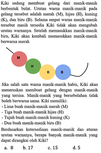 Kiki sedang membuat gelang dari manik-manik berbentuk bul...