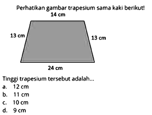 Perhatikan gambar trapesium sama kaki berikut!Tinggi trap...